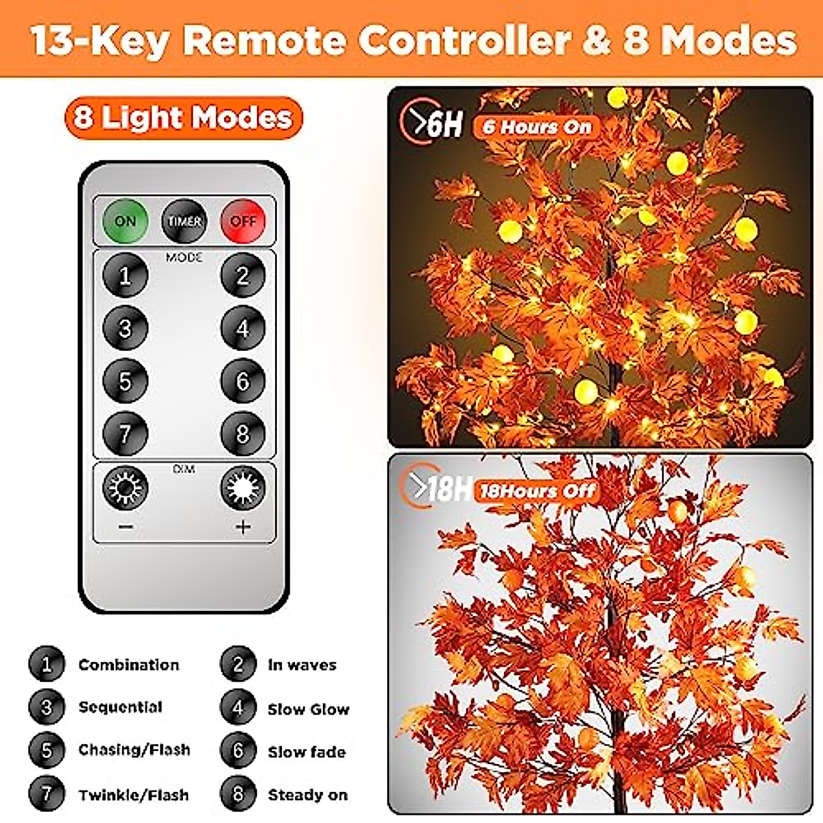 GTIDEA 6FT 120LED Lighted Maple Tree Fall Halloween Decorations, Artificial Fall Tree with 8 Flashing Mode 216 Fall Leaves for Thanksgiving Autumn Porch Farmhouse Home Decor Indoor Outdoor