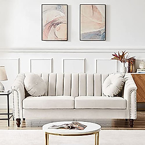 TRIPLE TREE Velvet 3 Seat Sofa Couch with 2 Pillows, Upholstered Tufted Back Sofa Couch with Nail Arms and Solid Wood Legs for Living Room, Compact Living Space, Apartment, Bonus Room, Beige