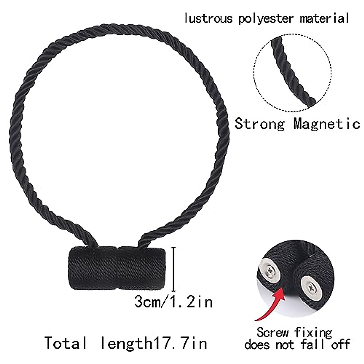 Groleca 4 Pack Magnetic Curtain Tiebacks Curtain Holdbacks Curtain Ties Outdoor Curtain Tiebacks Modern Rope Tiebacks Drapery Holdbacks Tie Backs for Curtains (Black, 4)