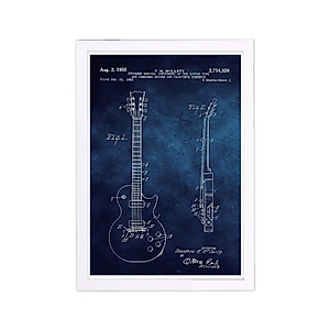 Wynwood Studio Music and Dance Framed Wall Art Prints 'Gibson Les Paul Guitar 1955 Chalkboard' Home Décor, 13" x 19", Blue, White
