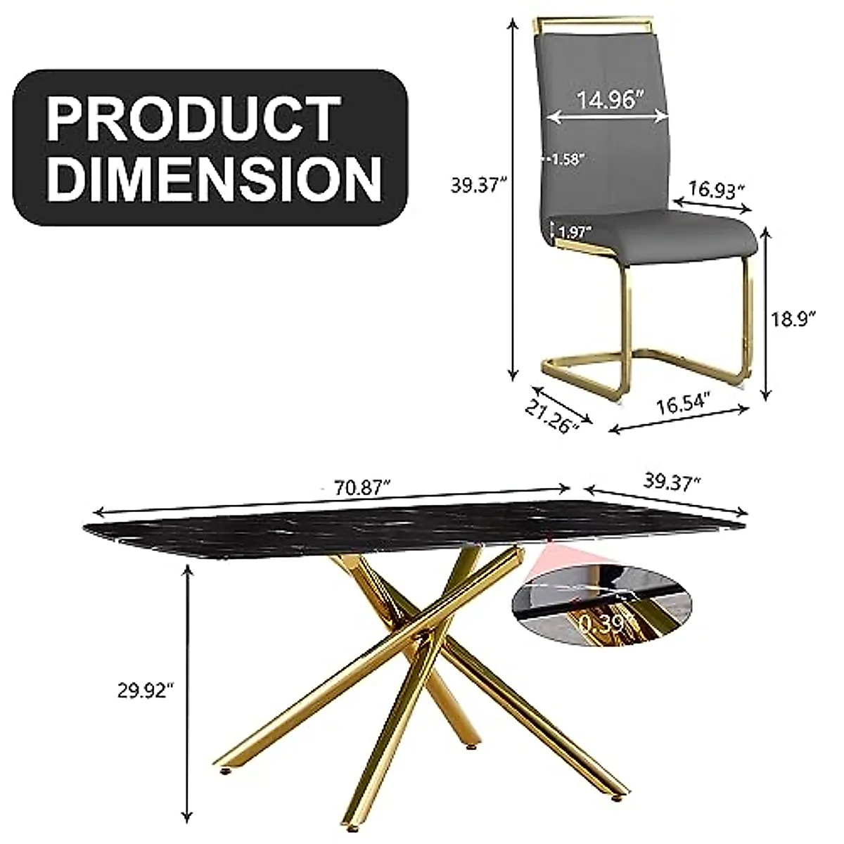 Baysitone Rectangular Glass Dining Table Set for 6, 71 inch Black Marble Polishing Dining Table with 4 Golden Coated Metal Legs, PU Faux Leather Chairs with Golden Metal Legs for Kitchen, Dark Gray