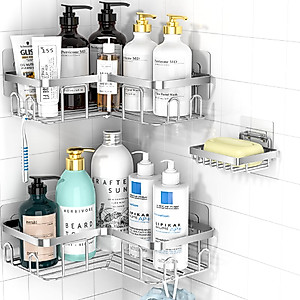 Moforoco Corner Shower Caddy - 3 Pack Shower Organizer with Soap Holder and 12 Hooks, Adhesive Shelves Rustproof for Bathroom, Silver