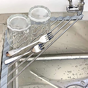 MOGALY Triangle Roll-Up Dish Drying Rack for Sink Corner - Multipurpose Heat Resistant Over-The-Sink Dish Drying Rack - for Many Kitchen Task - Gray