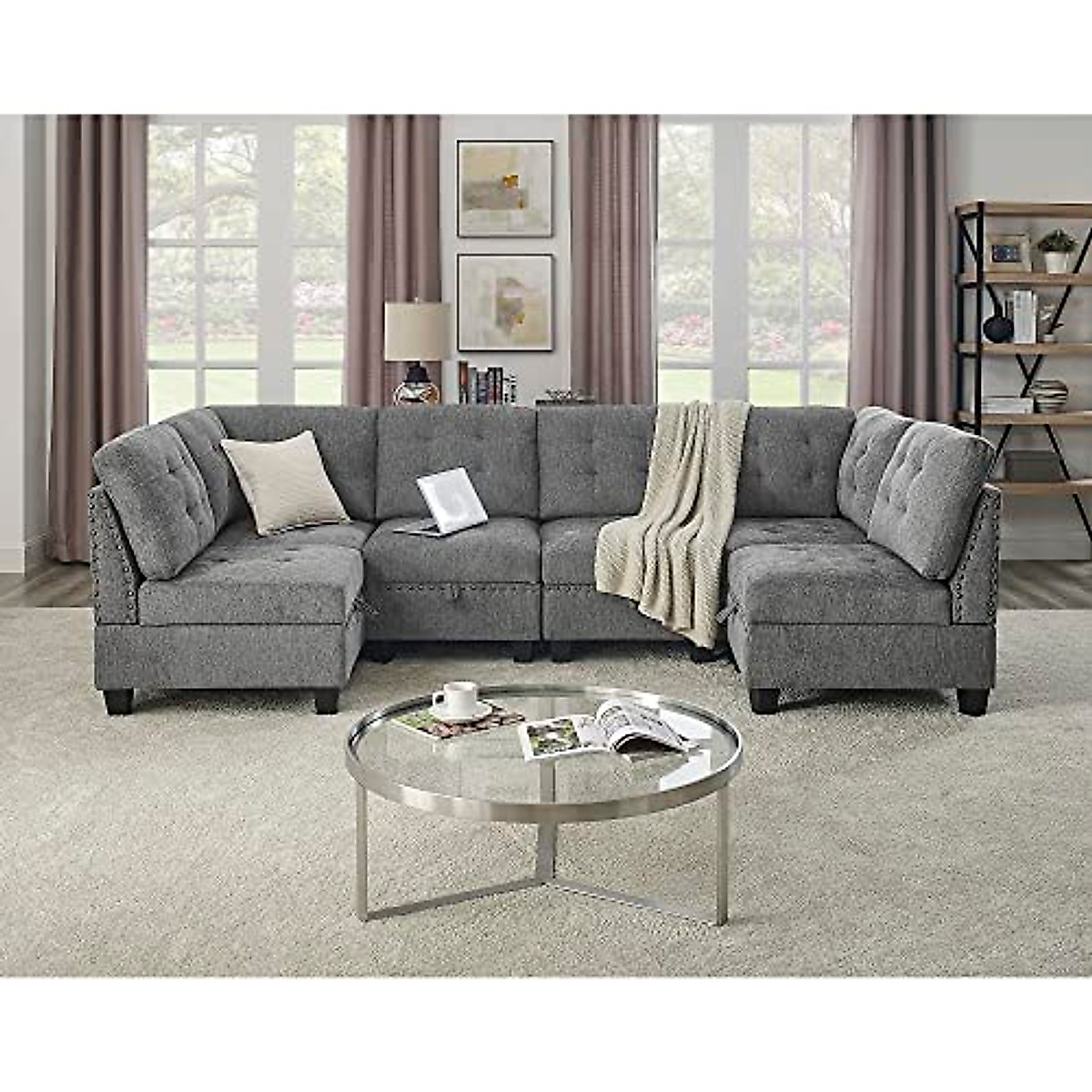 FULife Free Combination Modular Sofa Reversible Sectional Couch Oversized U Shaped Sofá Upholstery Deap Seat Sleeper Couches Bed with Storage for Living Room Spacious Space,4 Single Chairs,2 Corners