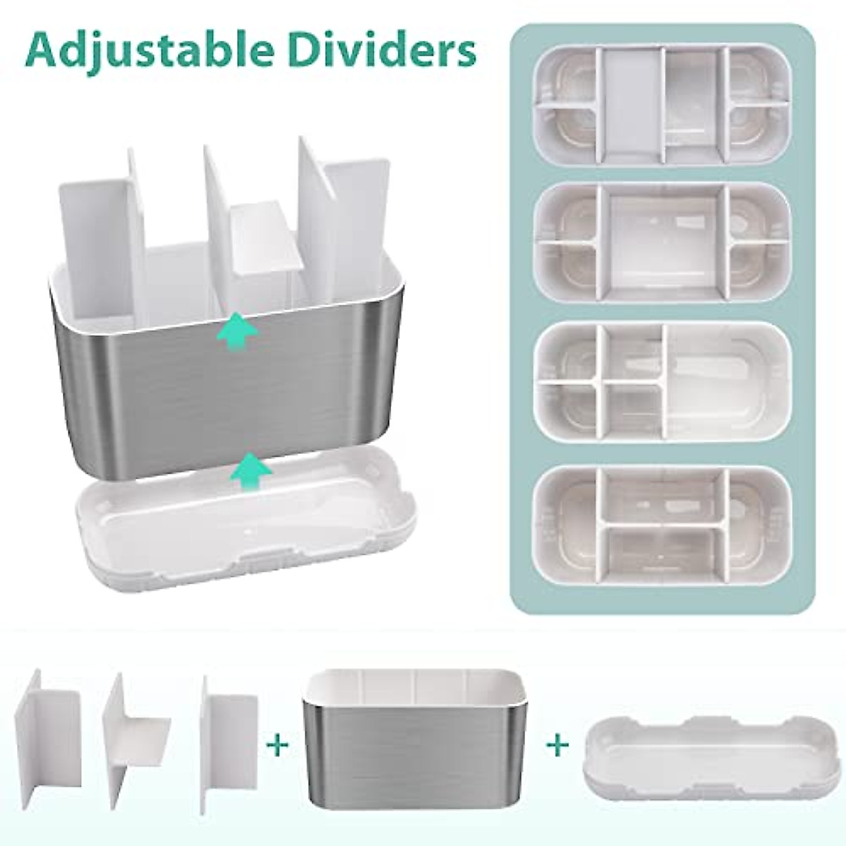 Boperzi Toothbrush Holder Toothpaste Organizer Drainage for Bathroom Vanity, Large Brushed Nickel Toothbrush Storage Caddy Anti-Slip Rustic with Adjustable Dividers for Family, Kids