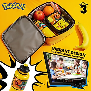 Pokemon Kids Insulated Lunch Bag, Lunch Box and Water Bottle, 3 Piece Set (Amarillo)