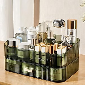 Makeup Organizer with Drawer, Large Capacity Countertop Organizer for Vanity, Bathroom and Bedroom Desk Cosmetics Display Case for Lotions, Brushes, Perfumes, Eyeshadow, Lipstick and Nail Polish