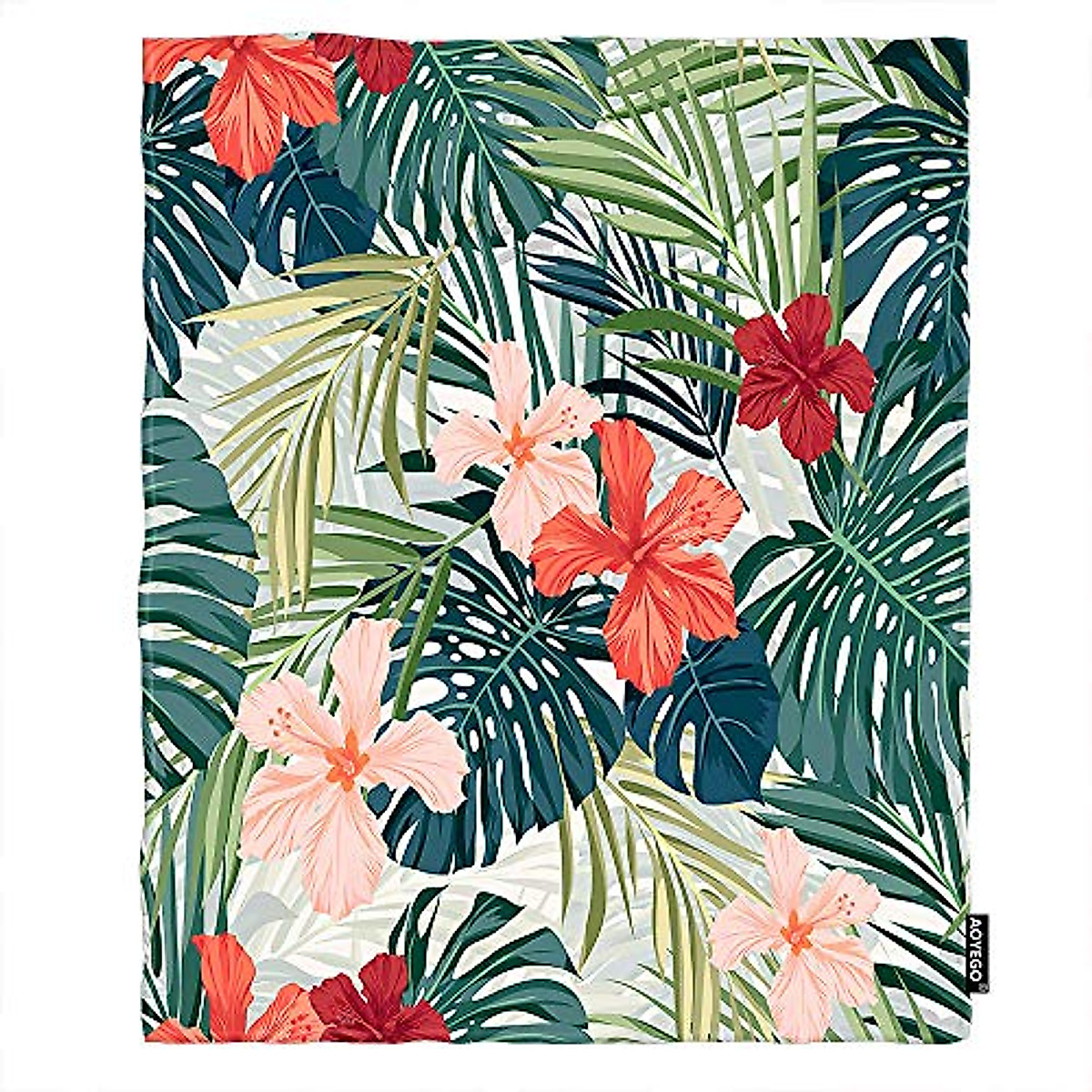 AOYEGO Hibiscus Flowers Blanket Summer Colorful Tropical Plants Floral Palm Tree Bright Color Throw Blanket Lightweight Soft 40X50 Inch Flannel for Couch Bedroom Home Chair Puppy Kitten Pets