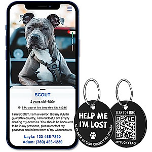 MYLUCKYTAG Stainless Steel QR Code Pet ID Tags Dog Tags - Pet Online Profile - Scan QR Receive Instant Pet Location Alert Email