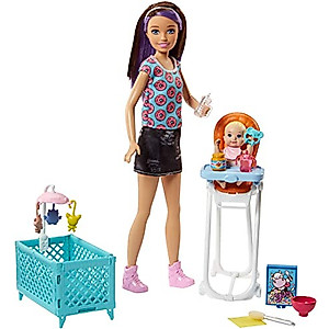 Barbie Babysitting Playset with Skipper Friend Doll, Color-Change Baby Doll, High Chair, Crib and Themed Accessories for 3 to 7 Year Olds
