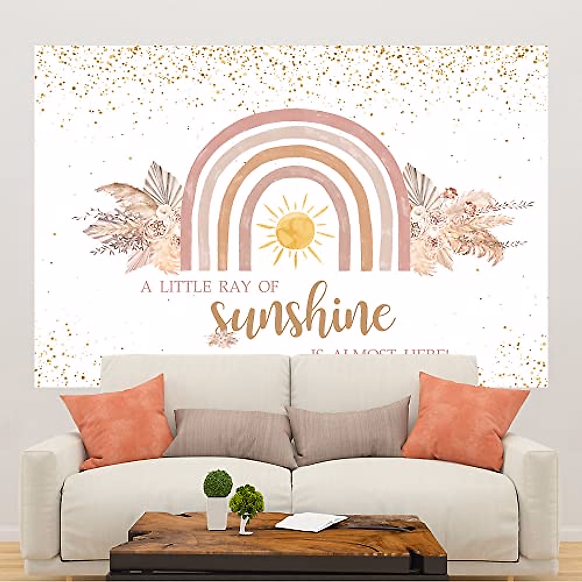 Ticuenicoa 5×3ft Boho Rainbow Baby Shower Backdrop A Little Ray of Sunshine is Almost Here Baby Shower Party Banner Wall Decorations Boho Pampas Glitter Dots Girls Baby Shower Background