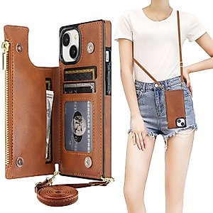 Bocasal Crossbody Wallet Case for iPhone 15 with RFID Blocking Card Slot Holder, Magnetic Flip Folio Purse Case, PU Leather Zipper Handbag with Detachable Lanyard Strap 6.1 Inch 5G (Brown)