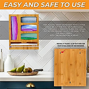 Ziplock Bag Organizer, Oil and Plastic wrap Organizer 5 in 1 Bamboo foil Dispenser with Cutter and Labels for Kitchen Drawers or Wall Mounted