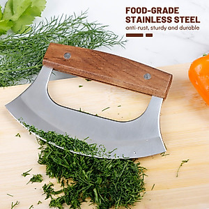KAYCROWN Mezzaluna Ulu Knife, Pizza Cutter Rocker, Alaskan Ulu Knife with Wooden Stand, Mezzaluna Knife Salad Veggies Rocker Chopper Slicer Cutter Stainless Steel Blade, Kitchen Mincing Knives