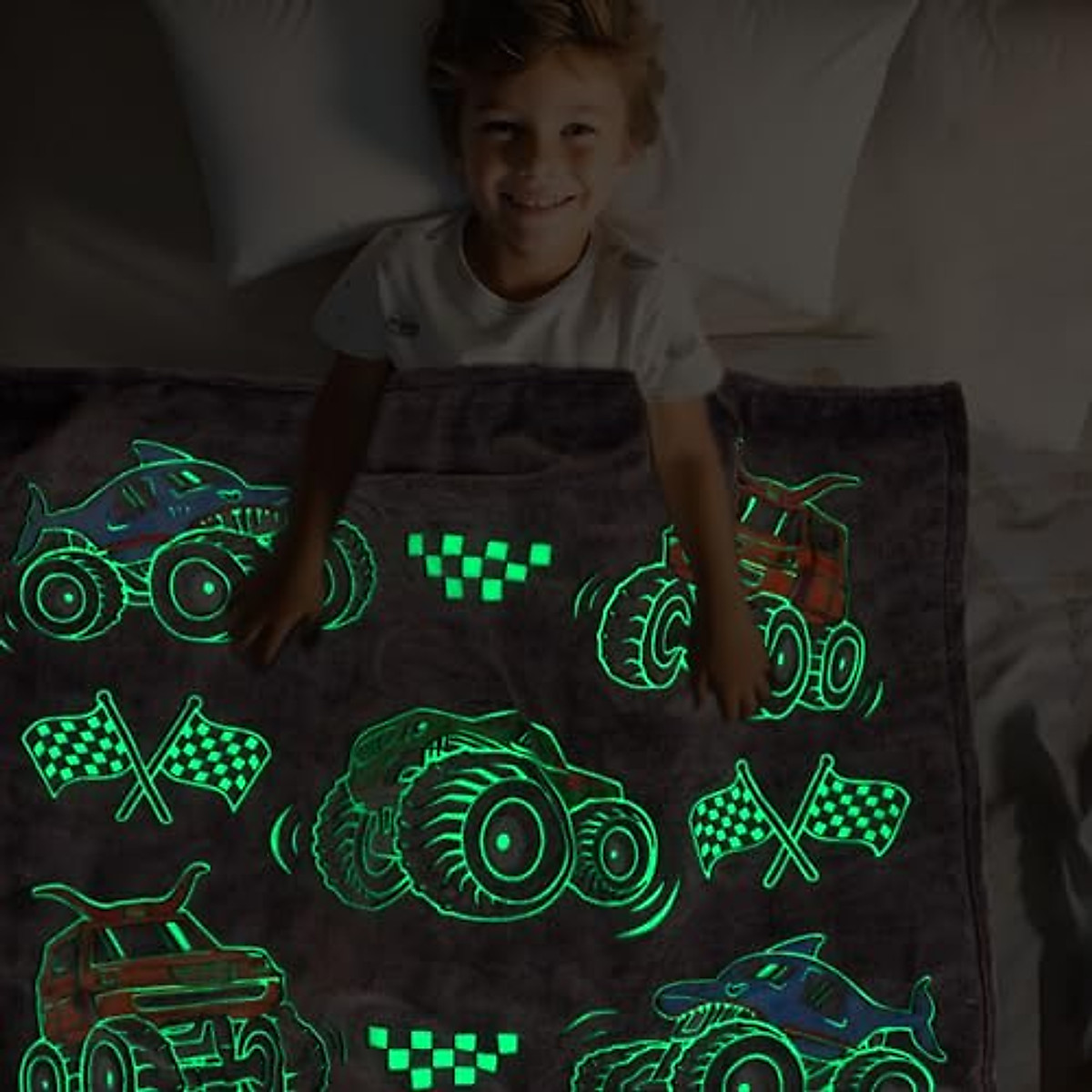 OHOIT Glow in The Dark Blanket for Kids Cute Truck Blanket Boys Blanket for Sofa Couch Bed Birthday Christmas Valentine's Day Easter Gifts for Kids Boys