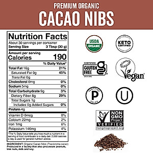 Viva Naturals Organic Cacao Nibs, 2 Lb - Certified Keto and Vegan Superfood, Perfect for Gluten Free Baking and Smoothie Topper, Premium Criollo Beans, Non-GMO