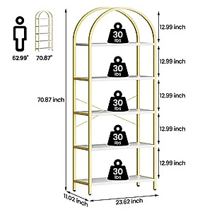 IDEALHOUSE Bookshelf 5 Tier Bookcase Arched Display Racks Tall Standing Bookshelves Metal Frame Modern Storage Rack Shelf Large Wood Book Shelf for Bedroom, Living Room, Home Office, White/Gold