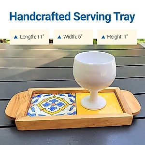 Kamsah Olive Wood Serving Tray - Decorative Coffee Table & Ottoman Tray with Handles & Hand Painted Ceramic Tile - Rustic Wooden Kitchen Tray for Tea & Coffee Service. Alhambra