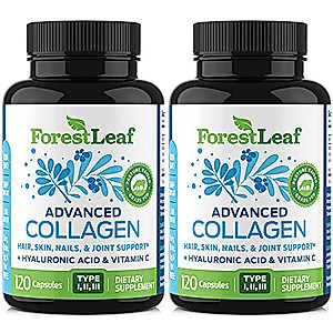ForestLeaf - Collagen Pills with Hyaluronic Acid & Vitamin C - Reduce Wrinkles, Tighten Skin, Boost Hair, Skin, Nails & Joint Health - Hydrolyzed Collagen Peptides Supplement - 120 Capsules (2 Pack)