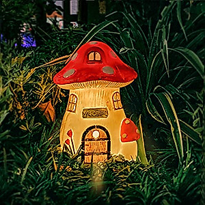 WONDHOME Mushroom Illuminated Miniature Fairy Landscape House with Solar Powered LED Outdoor Garden Statue