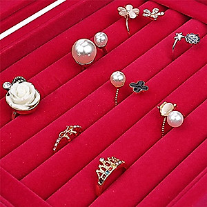 GSLSTGS Velvet Glass Jewelry Display Storage Box Ring Earrings Jewelry Box Ring Holder Case, 2 clasps (Red)