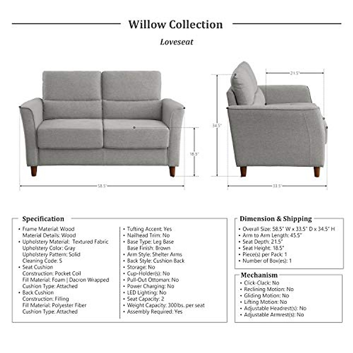 Lexicon Willow Living Room Loveseat, Gray