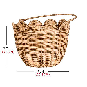 Scalloped Edge Round Basket with Handle, Super Sturdy Wicker Storage Baskets, Garden Vegetable Basket Hand Woven Baskets for Shelves,Natural Baskets for Organizing (Rattan 7.8"*7.8"*7")