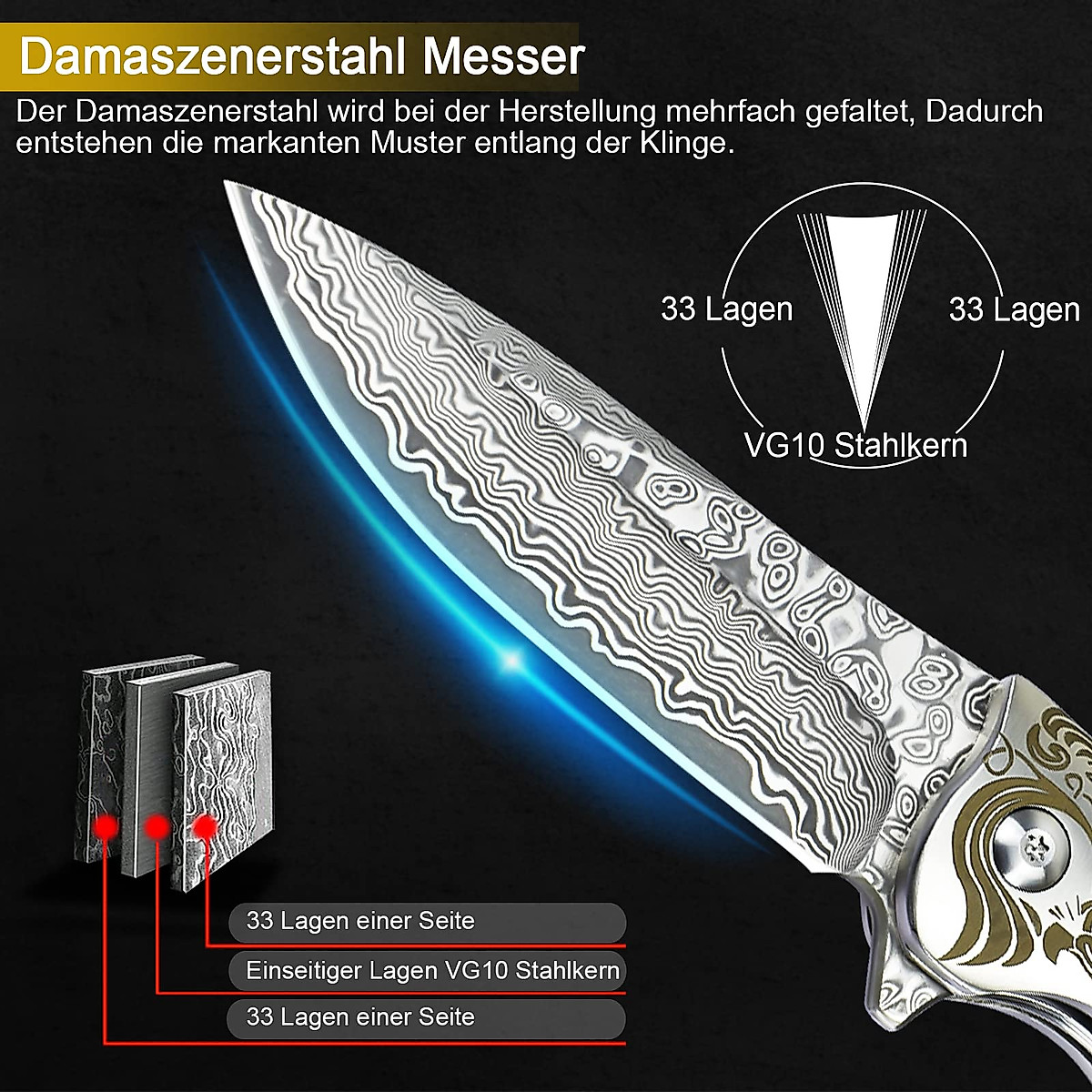 AUBEY Damascus Pocket Knife with Clip, Damascus Knife Folding Knife with VG10 Damascus Steel Blade, Wooden Handle, Foldable EDC Knife for Outdoor Survival Collection Gift