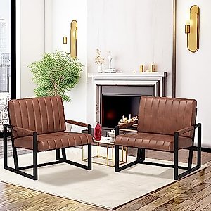 DKLGG Modern Accent Chair Set of 2, Upholstered PU Leather Armchair with Thick Backrest and Seat Cushions, Living Room Chair for Bedroom Apartment Small Space, Ergonomic Design, Brown