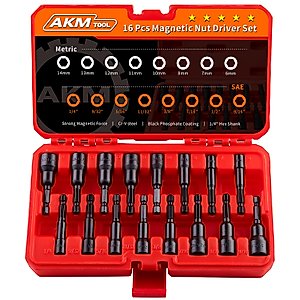 Magnetic Nut Driver Set, AKM TOOL 16-Piece Nut Driver Set for Impact Drill, Quick-Change 1/4" Hex Shank | SAE & Metric | Cr-V Steel