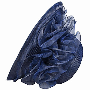 Women Organza Derby Sun Hat,Kentucky Fascinator Cocktail Tea Party Hat Flower Church Wedding Bridal Straw Caps Dark Navy