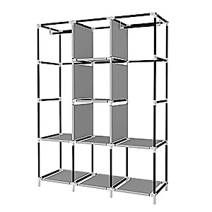 UDEAR Portable Wardrobe Closet Clothes Organizer Non-Woven Fabric Cover with 6 Storage Shelves, 2 Hanging Sections and 4 Side Pockets，Black