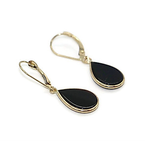 Onyx Black Pear Hanging Earrings set in 14K Yellow Gold,Leverbacks