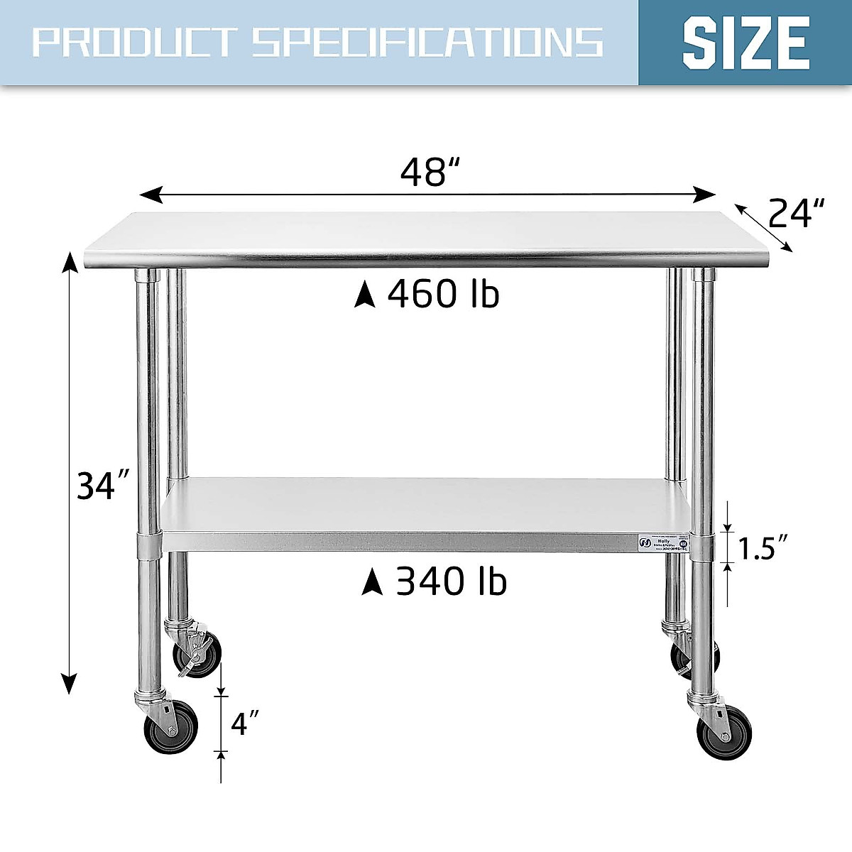 HALLY Stainless Steel Table for Prep & Work 24 x 48 Inches with Caster Wheels, NSF Commercial Heavy Duty Table with Undershelf and Galvanized Legs for Restaurant, Home and Hotel