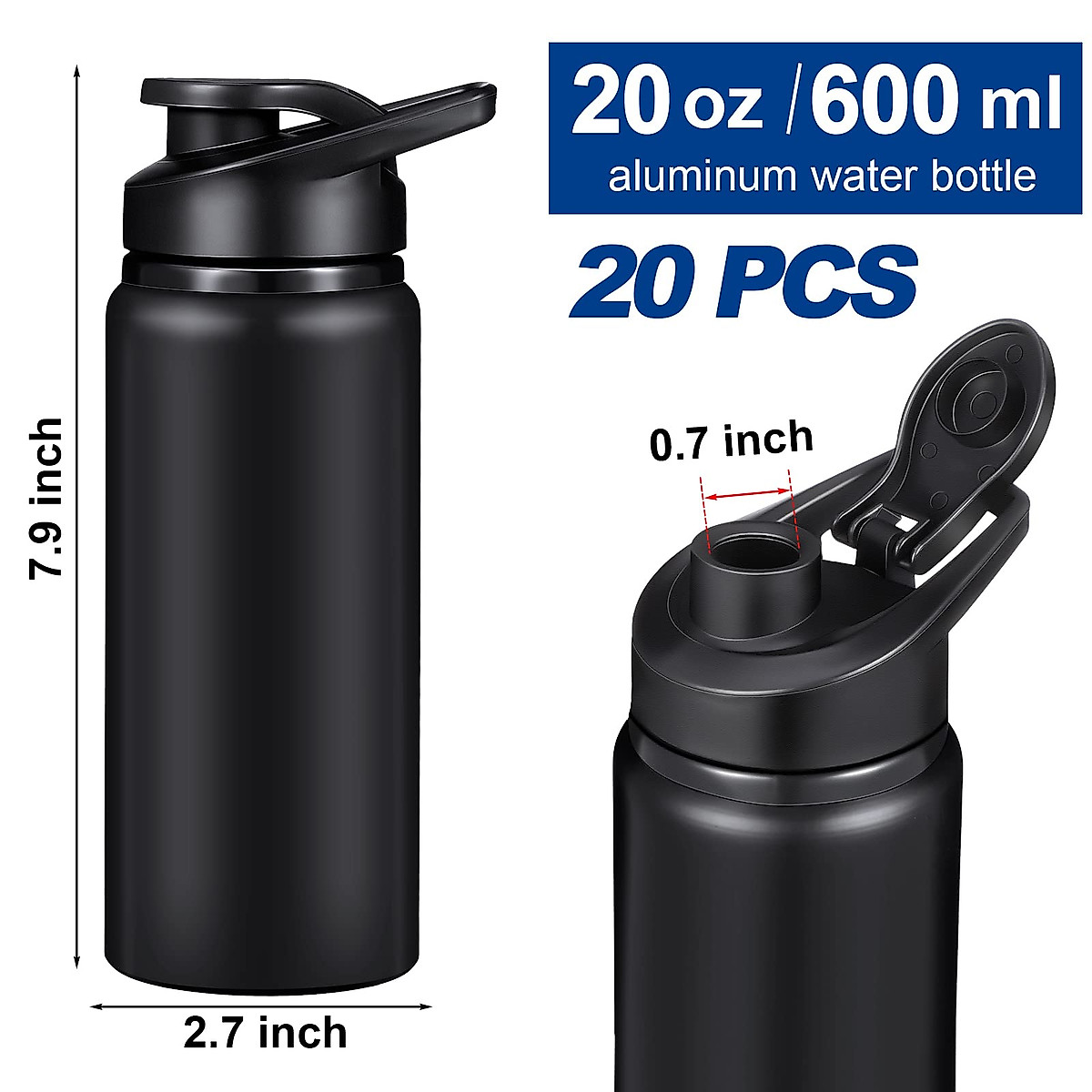 Potchen 20 Pack Aluminum Water Bottles 20 Oz Metal Sports Bottles with Snap Lids Portable Bike Water Reusable Travel Container with Handle Bulk Pack School Supplies(Black)