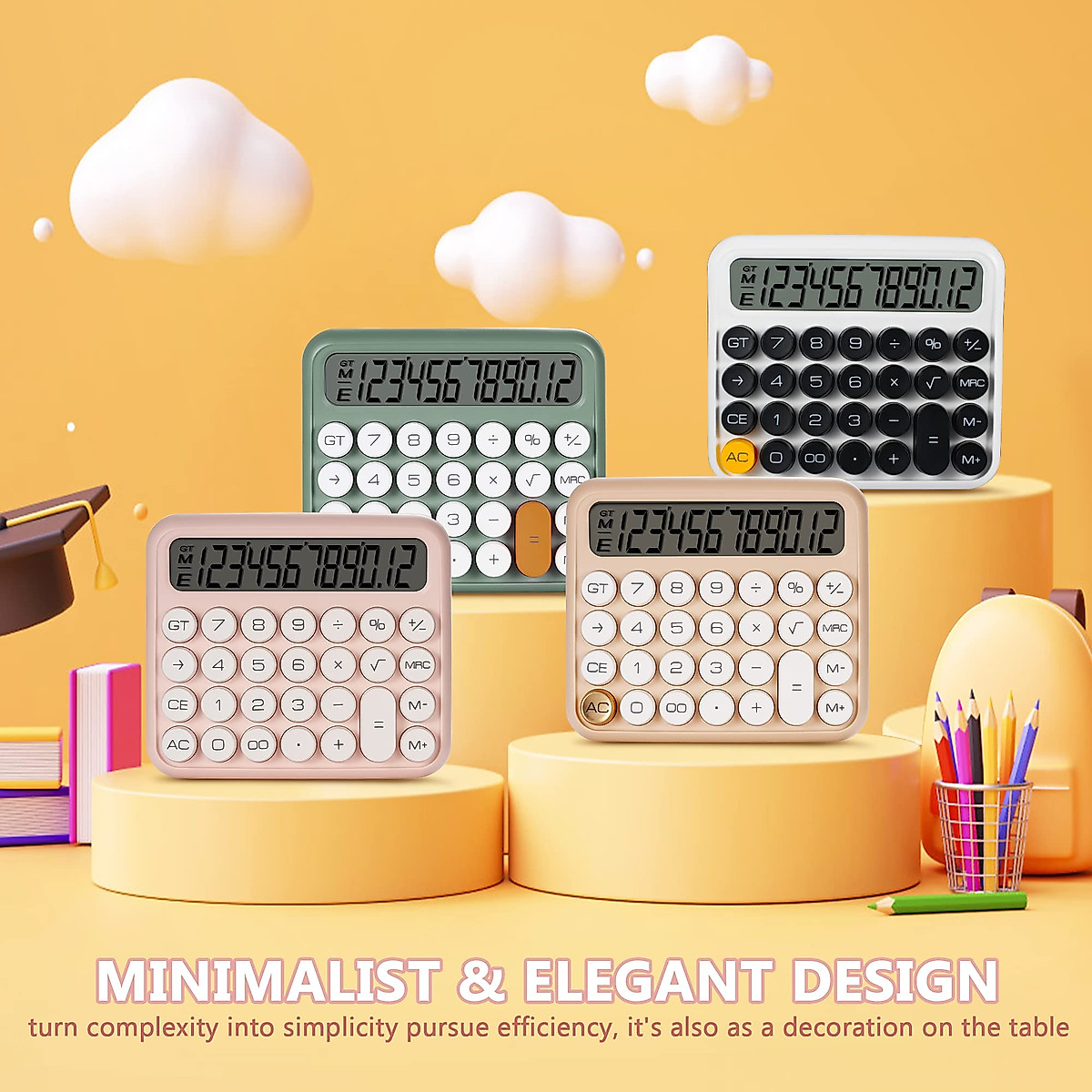 GUDTEKE Mechanical Switch Calculator, Pink Calculator Cute 12 Digit Large LCD Display Big Button Calculator Clear Standard for Daily and Basic Office,Automatic Sleep,with Battery