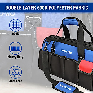 WORKPRO 18-inch Close Top Wide Mouth Storage Tool Bag with Adjustable Shoulder Strap, Sturdy Bottom