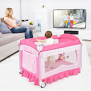 BABY JOY 4 in 1 Pack and Play with Extended Canopy, Portable Baby Playard Bedside Sleeper with Side Zipper Entrance, Wheels & Brake, Baby Girl Pink Bassinet Crib from Newborn to Toddler