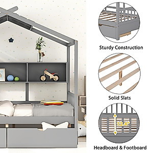 Bellemave Full Size House Bed with 2 Storage Drawers,Kids Bed with Storage Shelves,Wooden House Bed Frame for Girls,Boys,Can be Decorated,Gray