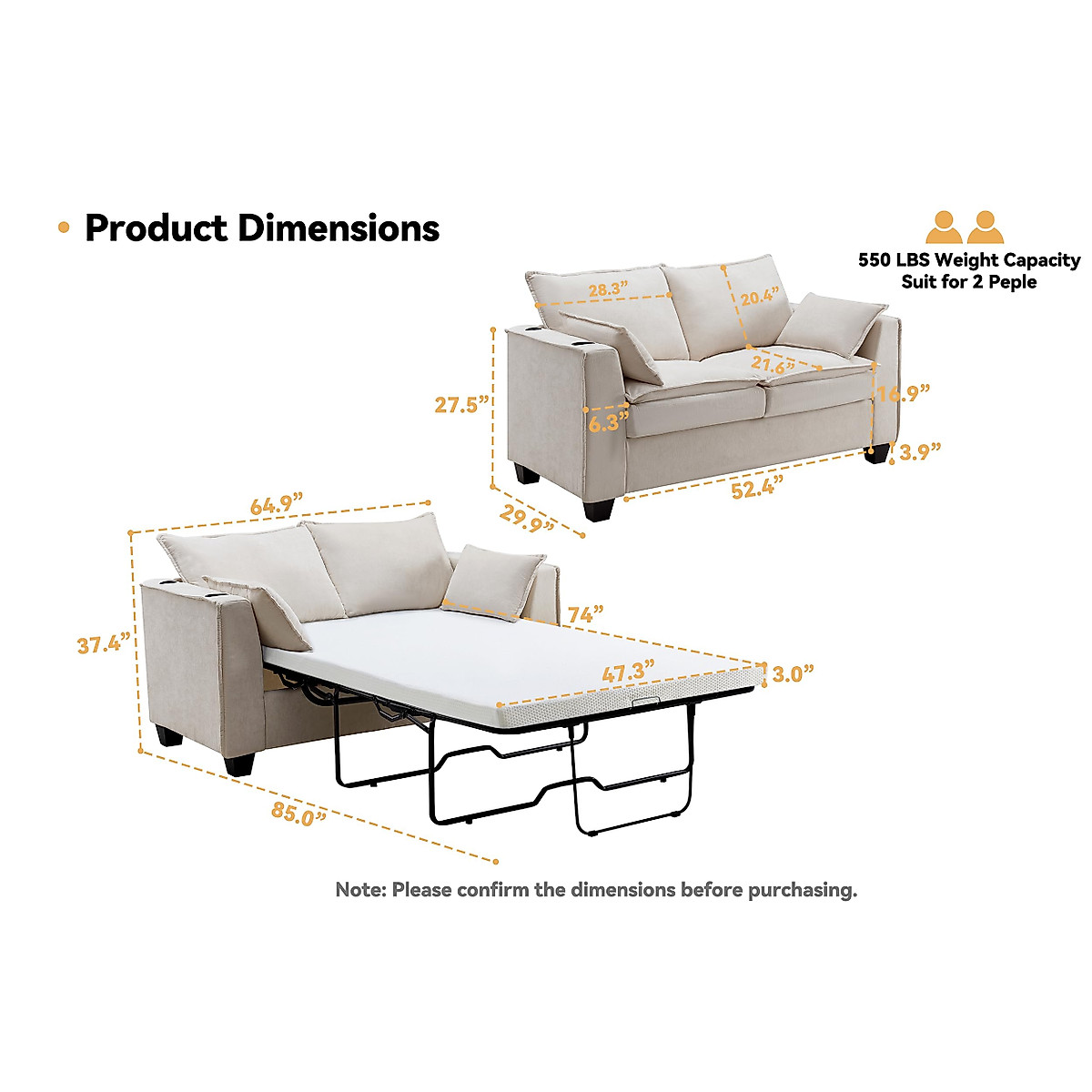 Brelice Pull Out Sofa Bed, Sleeper Sofa Couch, 2-in-1 Convertible Chenille Loveseat with USB Charging Port and Memory Foam Mattress, Full Size Pullout Bed for Living Room, Apartment or Office, Beige