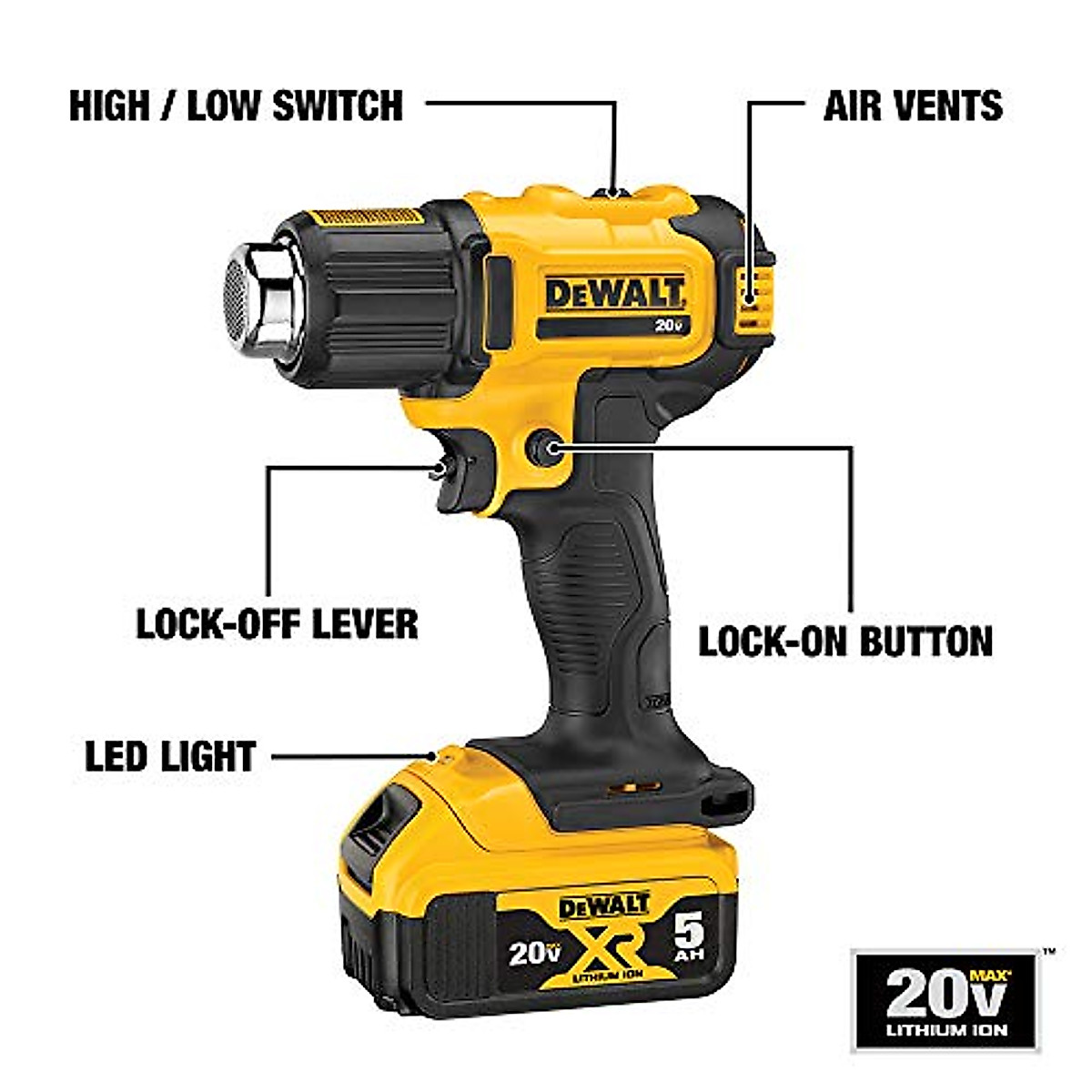 DEWALT 20V MAX Heat Gun Kit, Cordless, Up to 990 Degrees, 42 Minutes of Run Time, LED Light, Battery and Charger Included (DCE530P1)