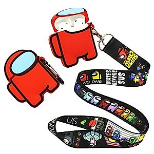 Cartoon Airpod Case, Cute Airpods 2 & 1 Case Cover with Long Lanyard Keychain, Soft Silicone Protective Accessories Cases Kawaii Funny Cool for Women Girls Men Boy (A Red)