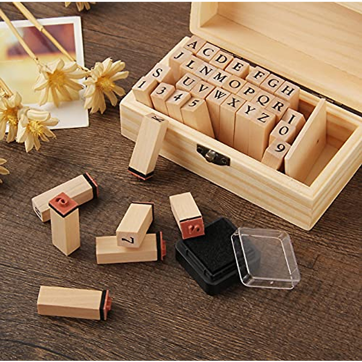 Wooden Rubber Stamps Kit, 36pcs Vintage Wooden Rubber Alphabet Letter Number Stamps Set, Craft Ink Stamp Stamper Seal Set with Wooden Storage Box - for Card Making, DIY Planner, Scrapbooking