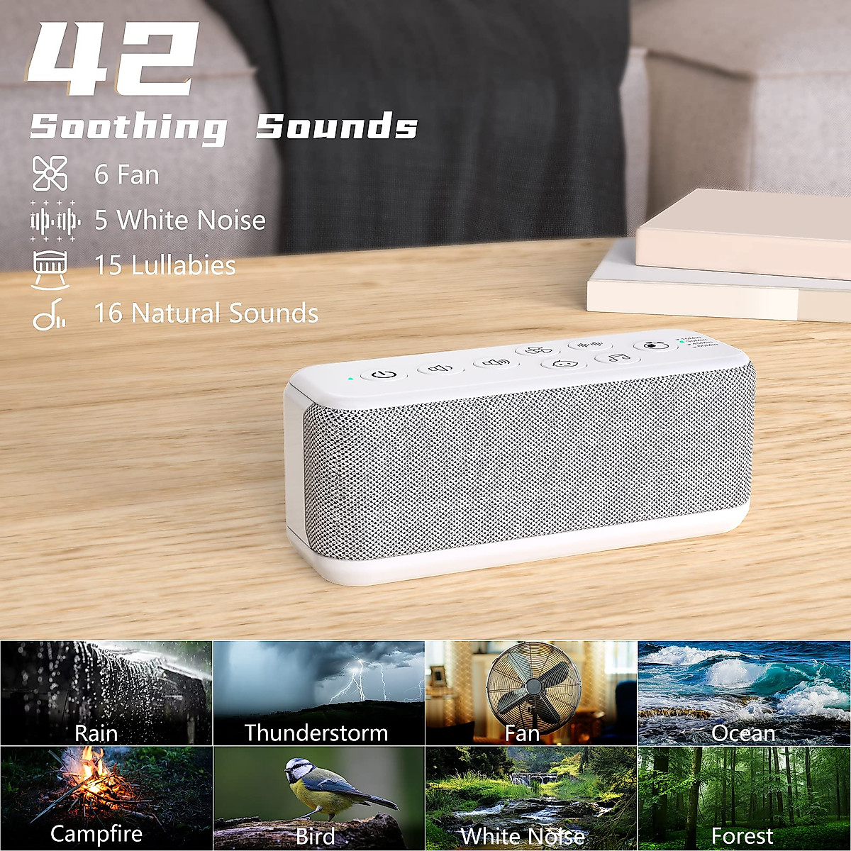 White Noise Sound Machine for Sleeping Baby Adults Kids-Portable Sleep Sound Therapy Machine, USB Rechargeable, 42 Soothing Sounds, Auto-Off Timer, 8 Volume Control & AC Adapter Included for Office