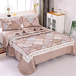 VIVILINEN Patchwork Quilt Set Full Queen Size 3-Piece Pink Floral Reversible Quilted Bedspread Coverlet Set Lightweight Stitched Comforter Bedding Set Bed Sheet Set Cover Blanket with 2 Pillow Shams