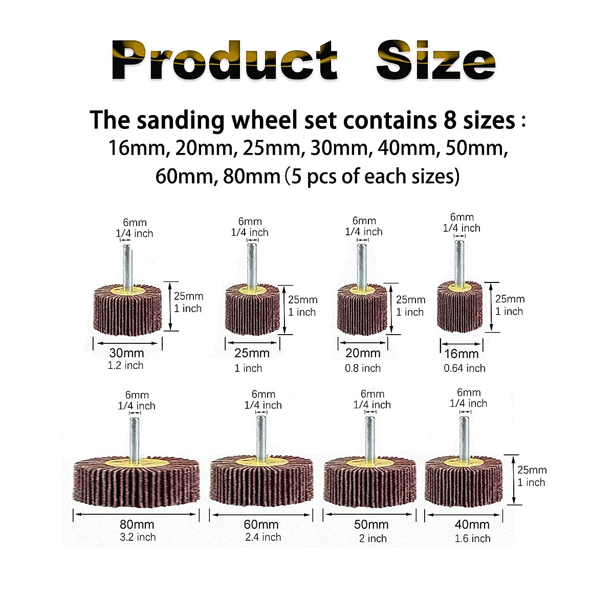 40 Pack 1/4" Abrasive Flap Wheel Sander Set, Rocaris 80 Grit Aluminum Oxide Flap Wheels Cylindrical Shape Sanding Wheel, 8 Sizes