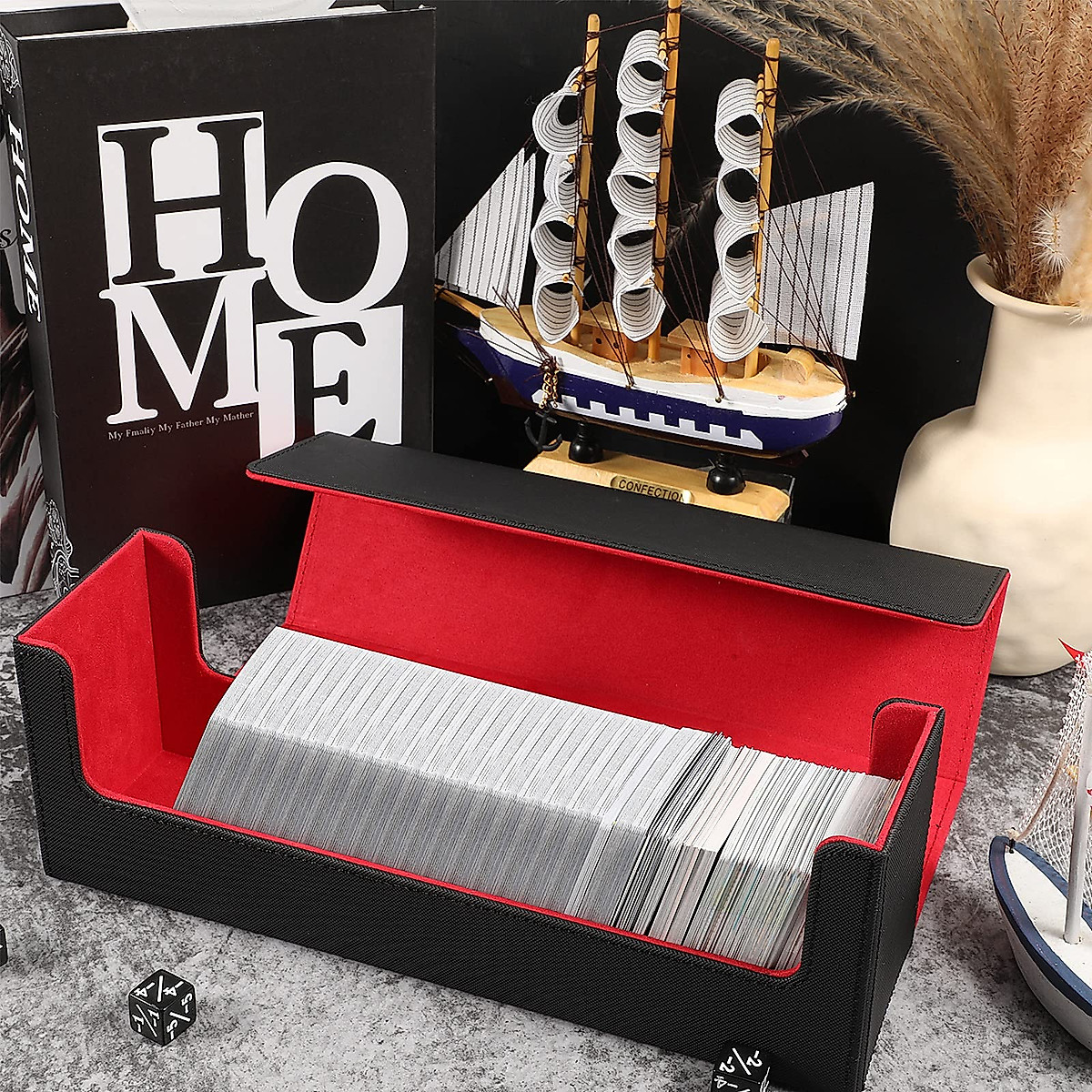 Weewooday MTG Desk Box 400 Card Desk Box Card Storage Box Magnetic Deck Box PU Leather Deck Box for Trading Card Games 12.2 x 4.4 x 3.74 Inches (Black and Red)