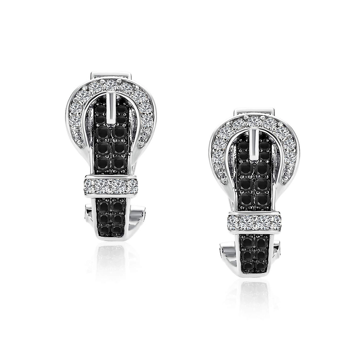 Black White Cubic Zirconia Pave CZ Belt Buckle Stud Drop Earrings For Women Omega Back 14K Gold Plated Brass