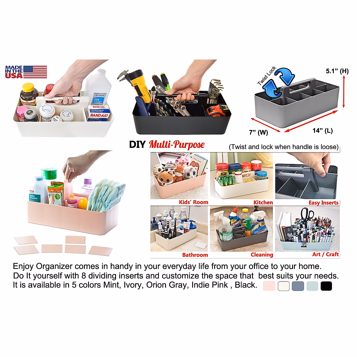 Enjoy Organizer -Large Portable Caddy, DIY Dividers, 8 Compartments, Bathroom Organizer,Portable Basket with Handle Storage Organizer Modern Made in USA (3 PACK, Ivory)