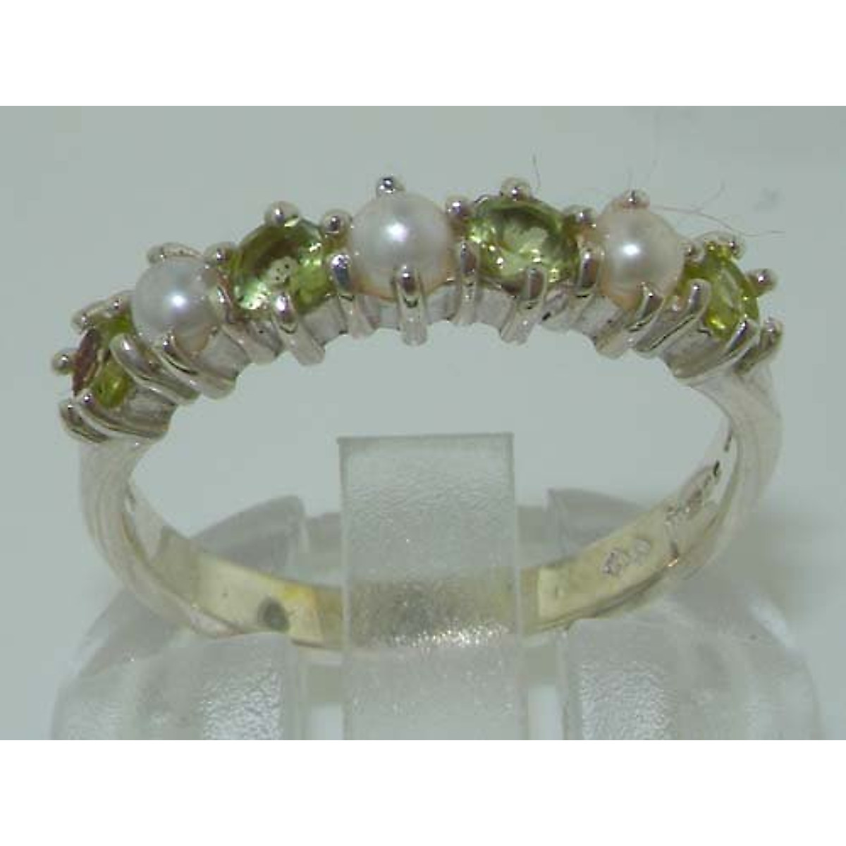 925 Sterling Silver Cultured Pearl & Peridot Womans Eternity Ring - Size 11.25